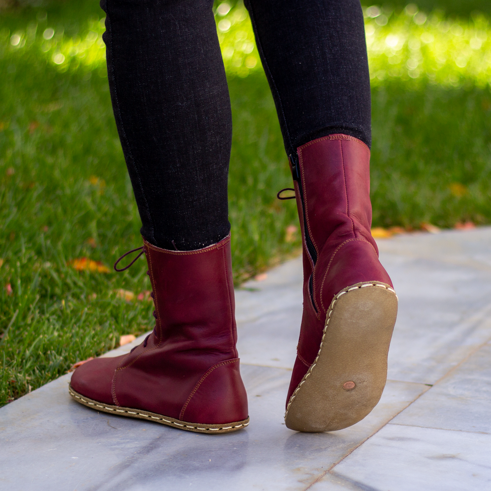 Barefoot Leather Lace-up Burgundy Boots for Women - Nefes Shoes